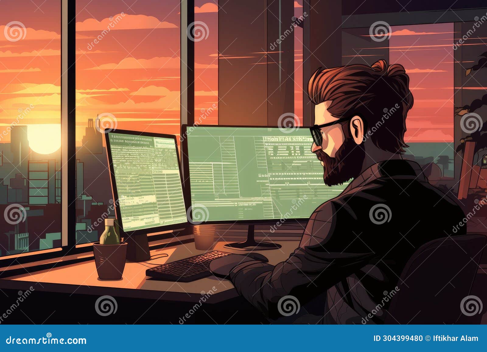 A Man Sitting at a Computer Desk in Front of a Window, Creating a ...