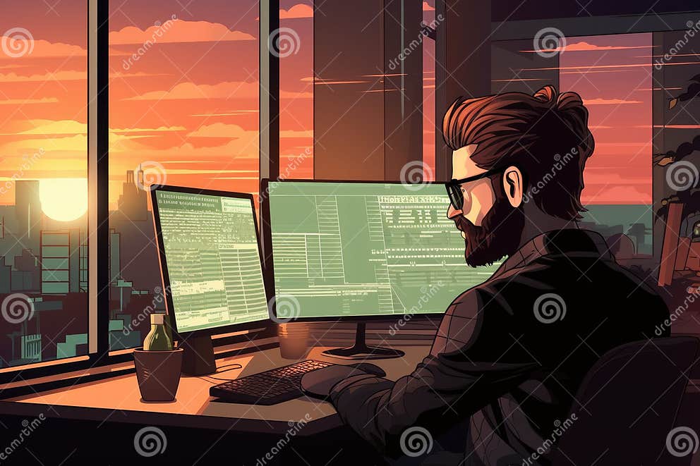 A Man Sitting at a Computer Desk in Front of a Window, Creating a ...