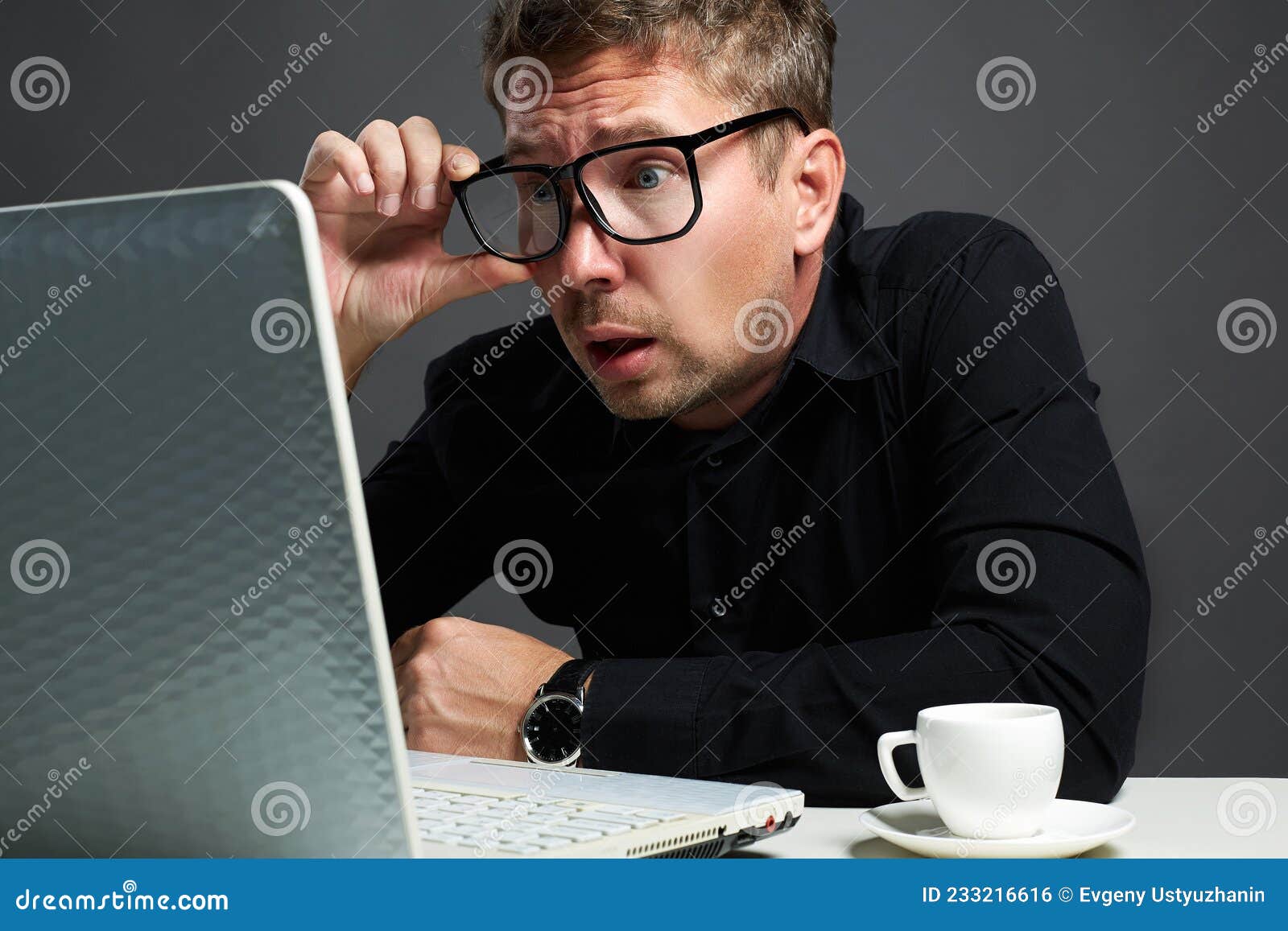 Man Sitting at a Computer. Funny Boy in Glasses Stock Photo - Image of ...