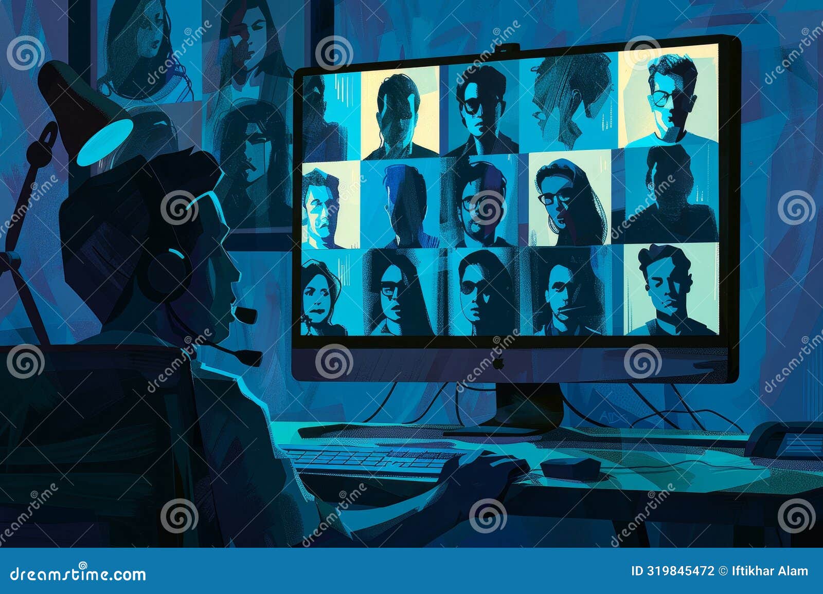 A Man is Sitting at a Computer with Many People on the Screen in ...