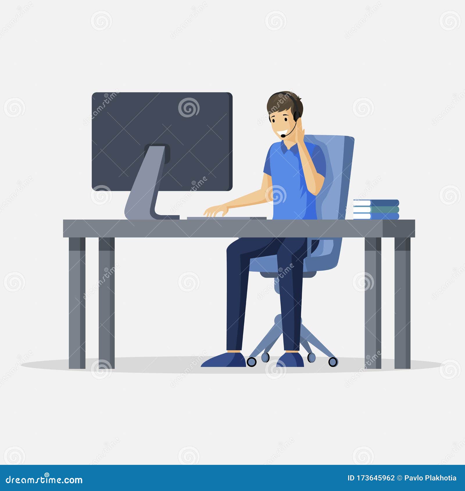 Man Sitting at Computer Vector Flat Illustration. Support, Freelance ...