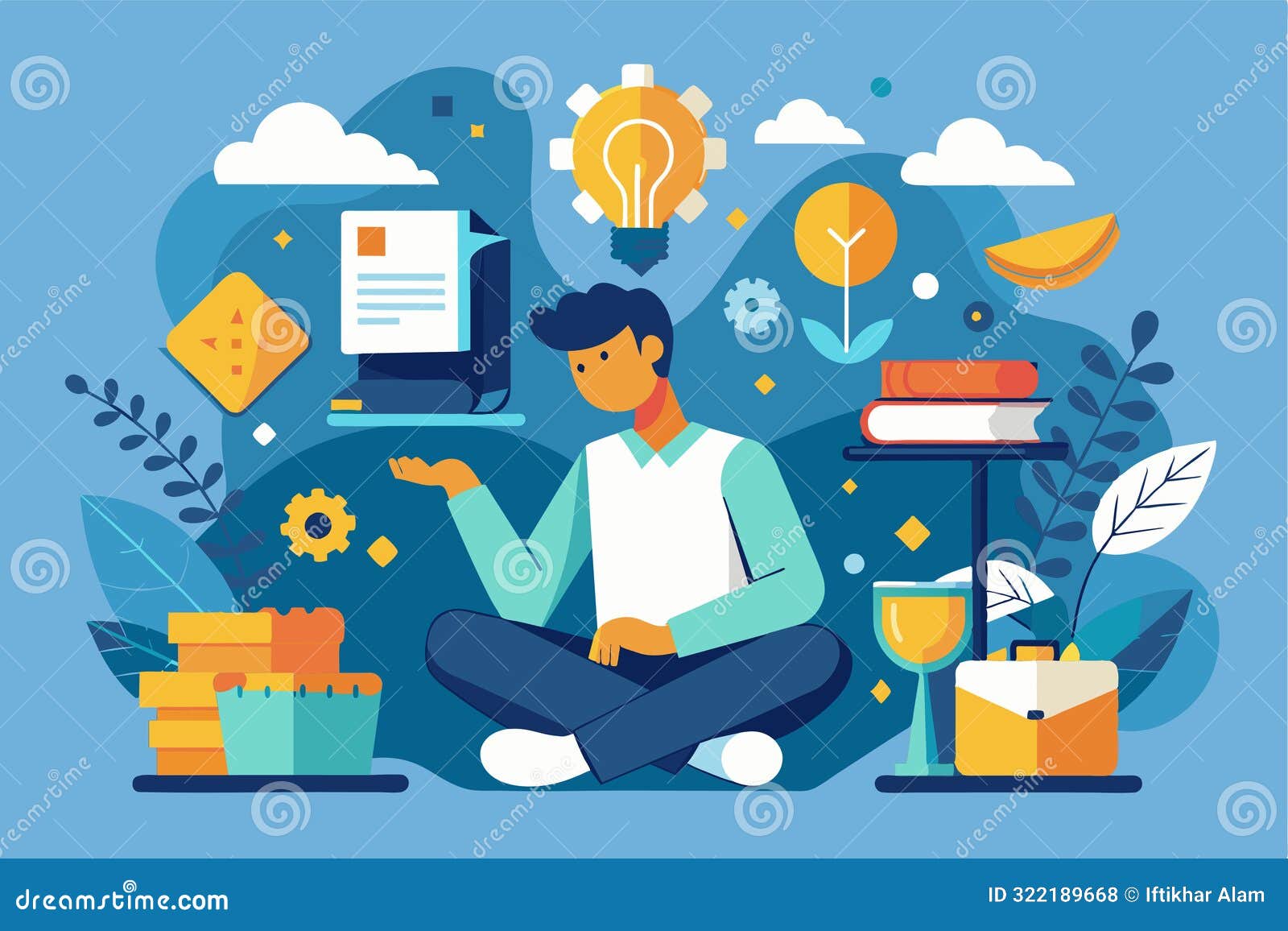 Man Sitting Cross-legged with Customizable Semi-flat Illustrations ...