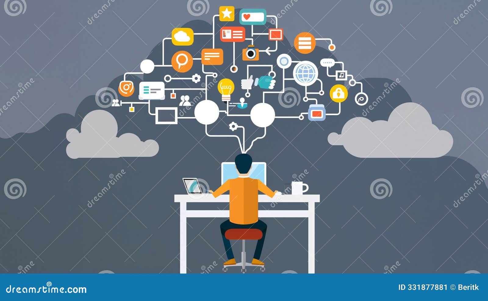 Man Sitting on a Desk with a Computer and a Social Media Cloud ...