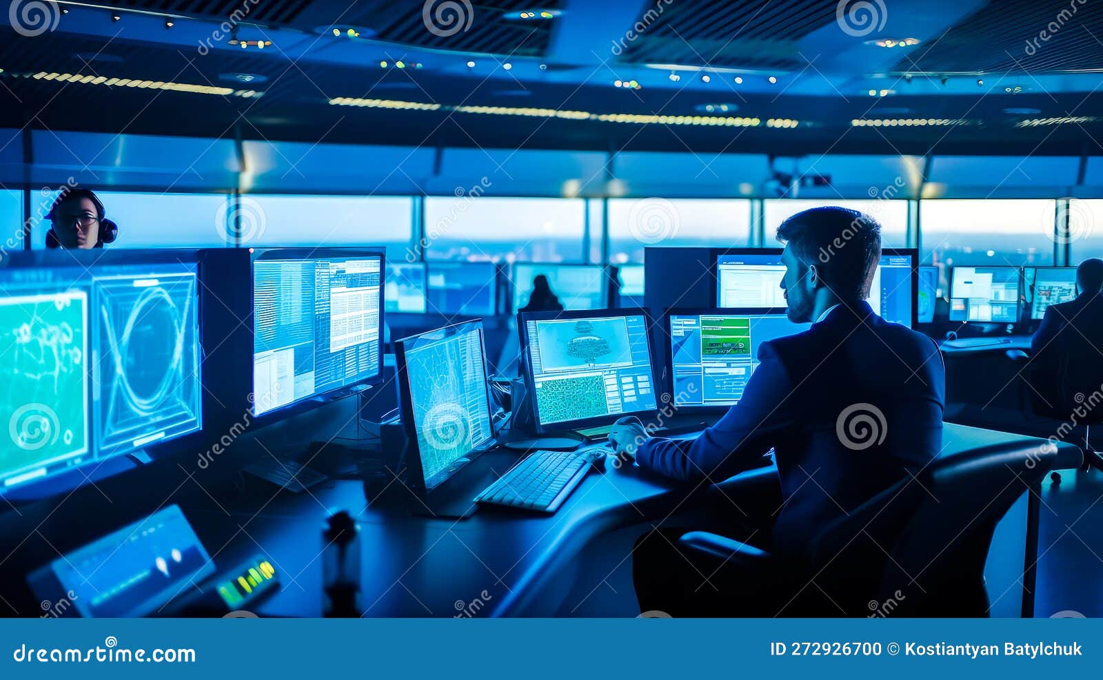 Man Sitting at Desk in Front of Multiple Computer Monitors. Generative AI Stock Illustration ...