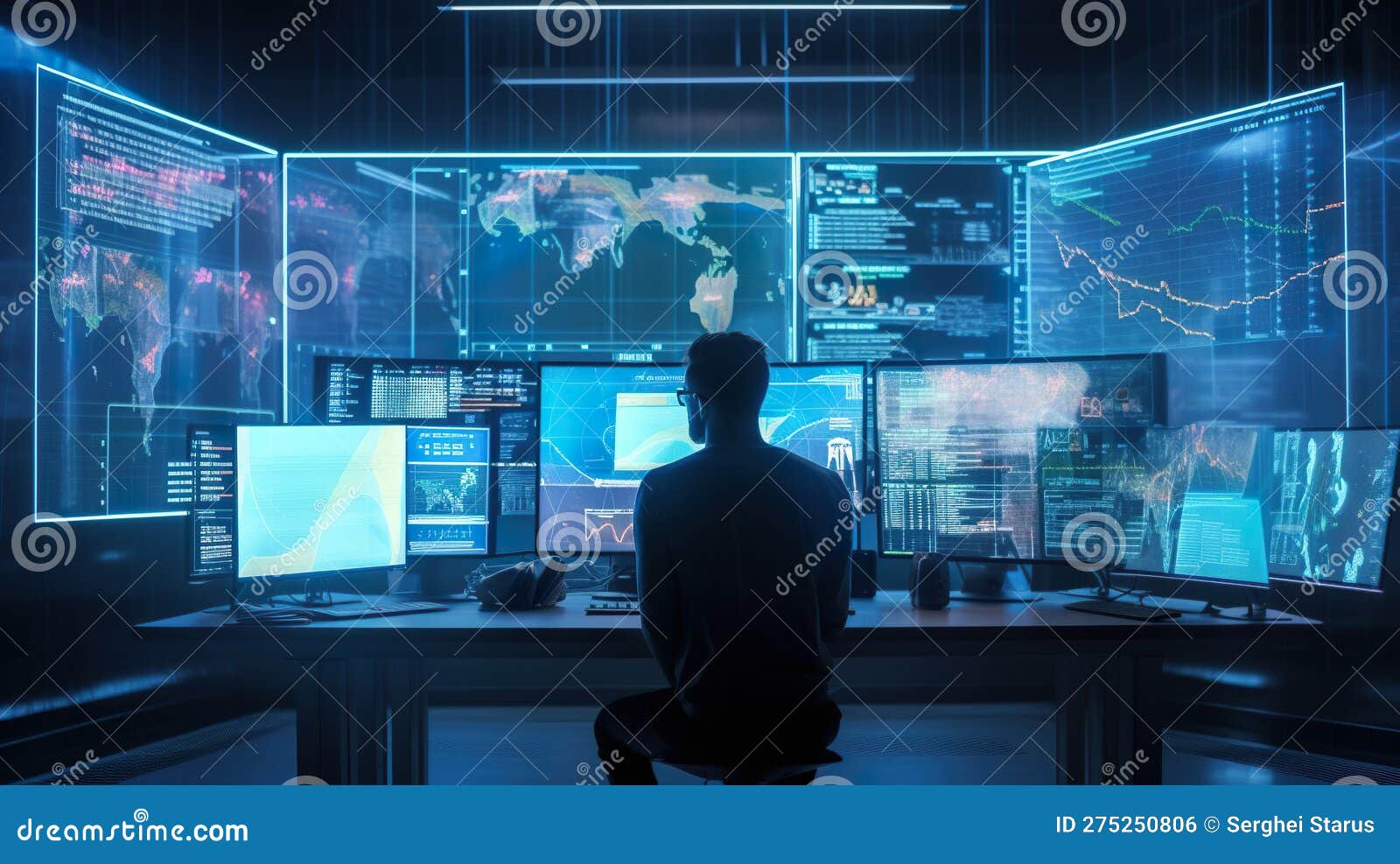 A Man Sitting at a Desk in Front of Multiple Computer Screens. AI Generative Image Stock ...