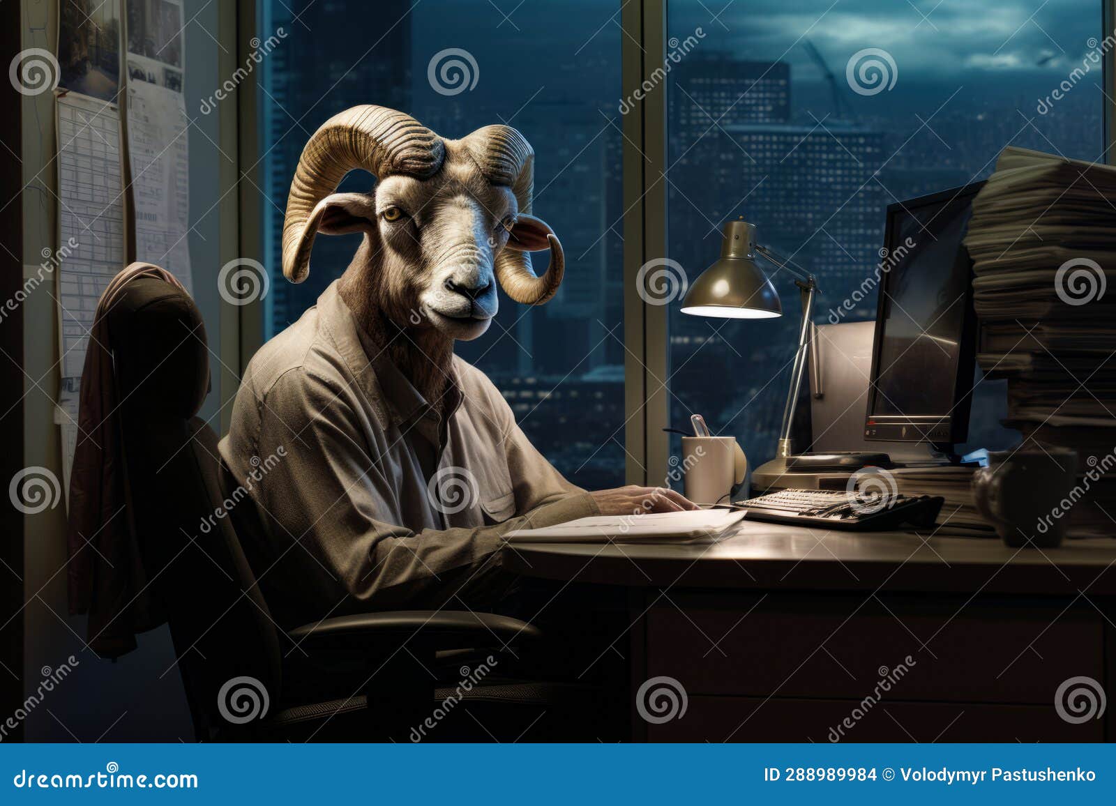 Man Sitting at Desk with Goat Head on His Head. Generative AI Stock ...