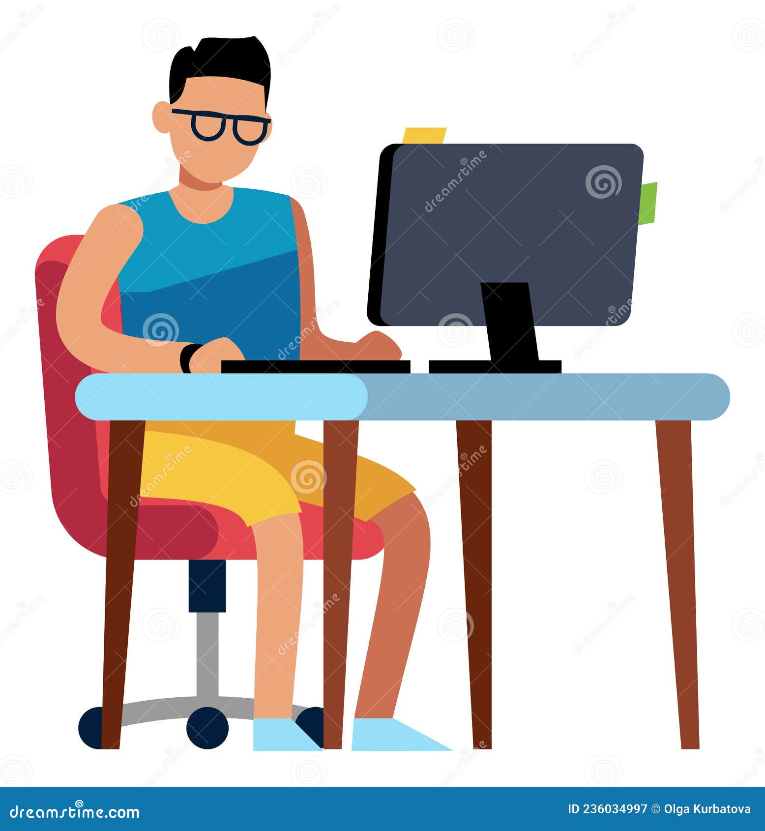 Man Sitting at Desk. Guy Working on Computer Stock Vector ...