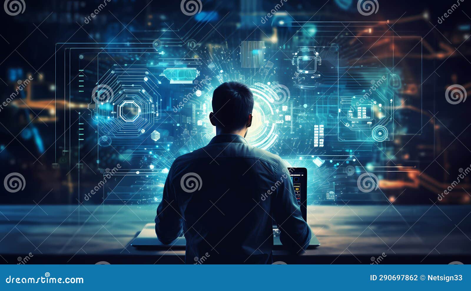 Man Sitting at a Desk Looking at a Computer Screen Stock Illustration ...