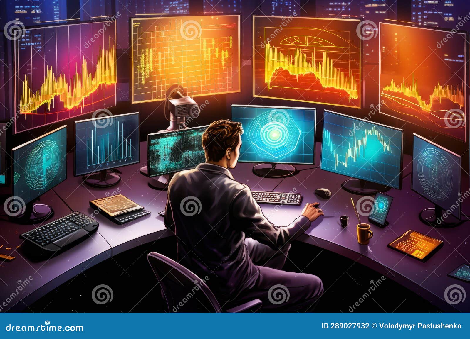 Man Sitting at Desk with Multiple Computer Screens and Mouse ...