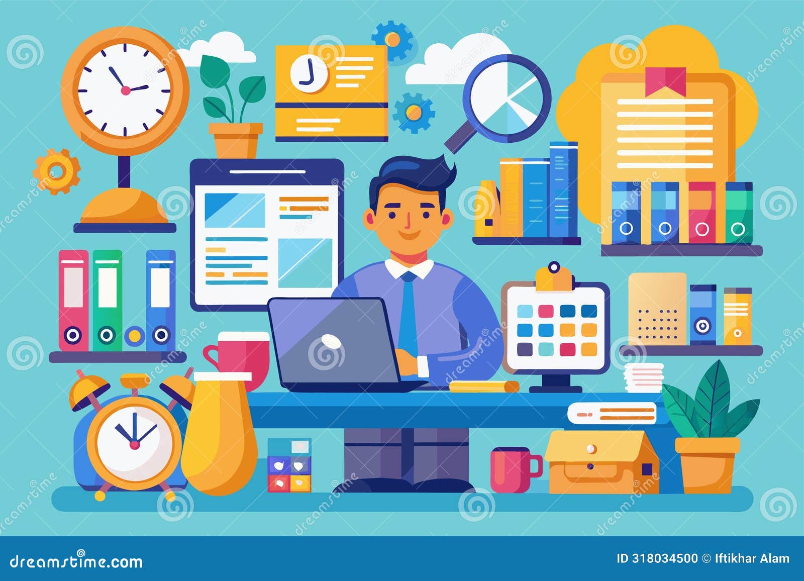 A Man Sitting at a Desk in an Office, Working on a Laptop Computer ...