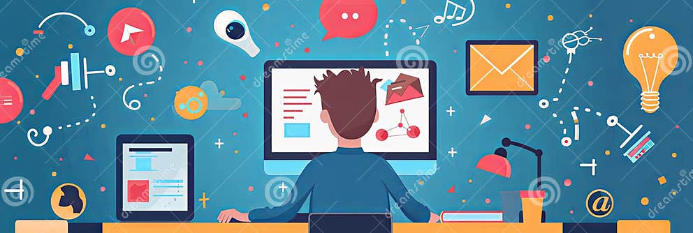 A Man is Sitting at a Desk, Using a Computer for EdTech Education ...