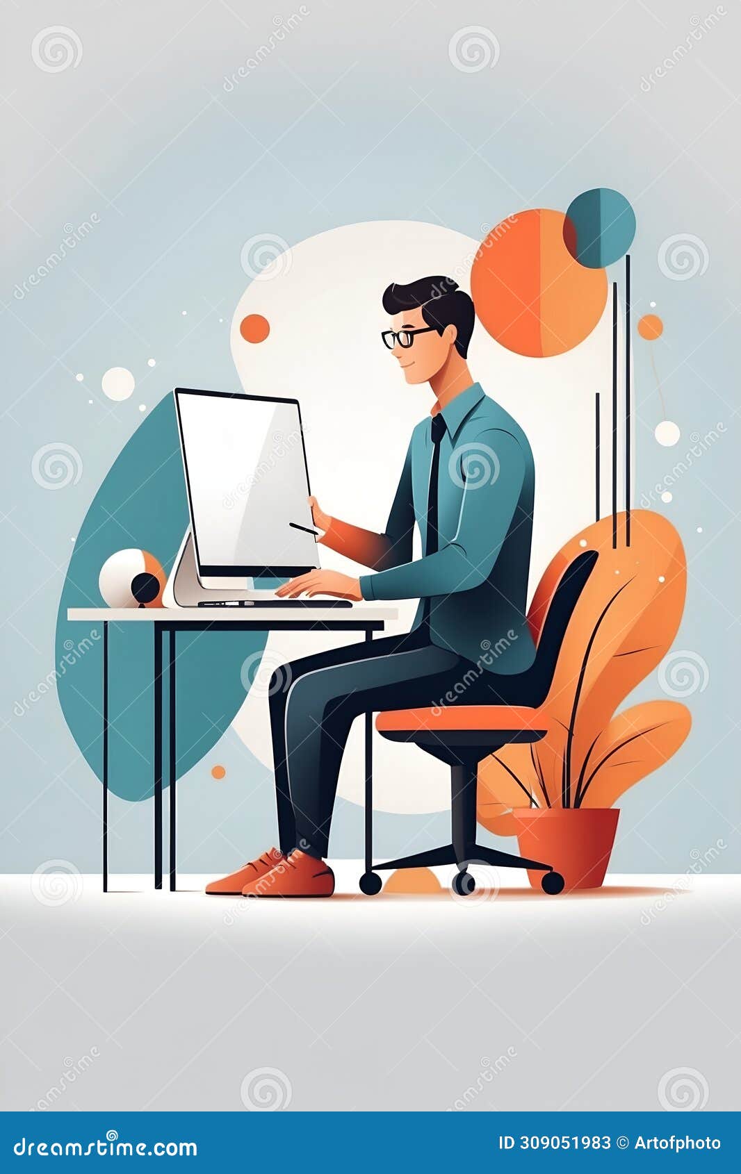 Man Sitting at Desk Using Laptop Computer, Productive Work Environment ...