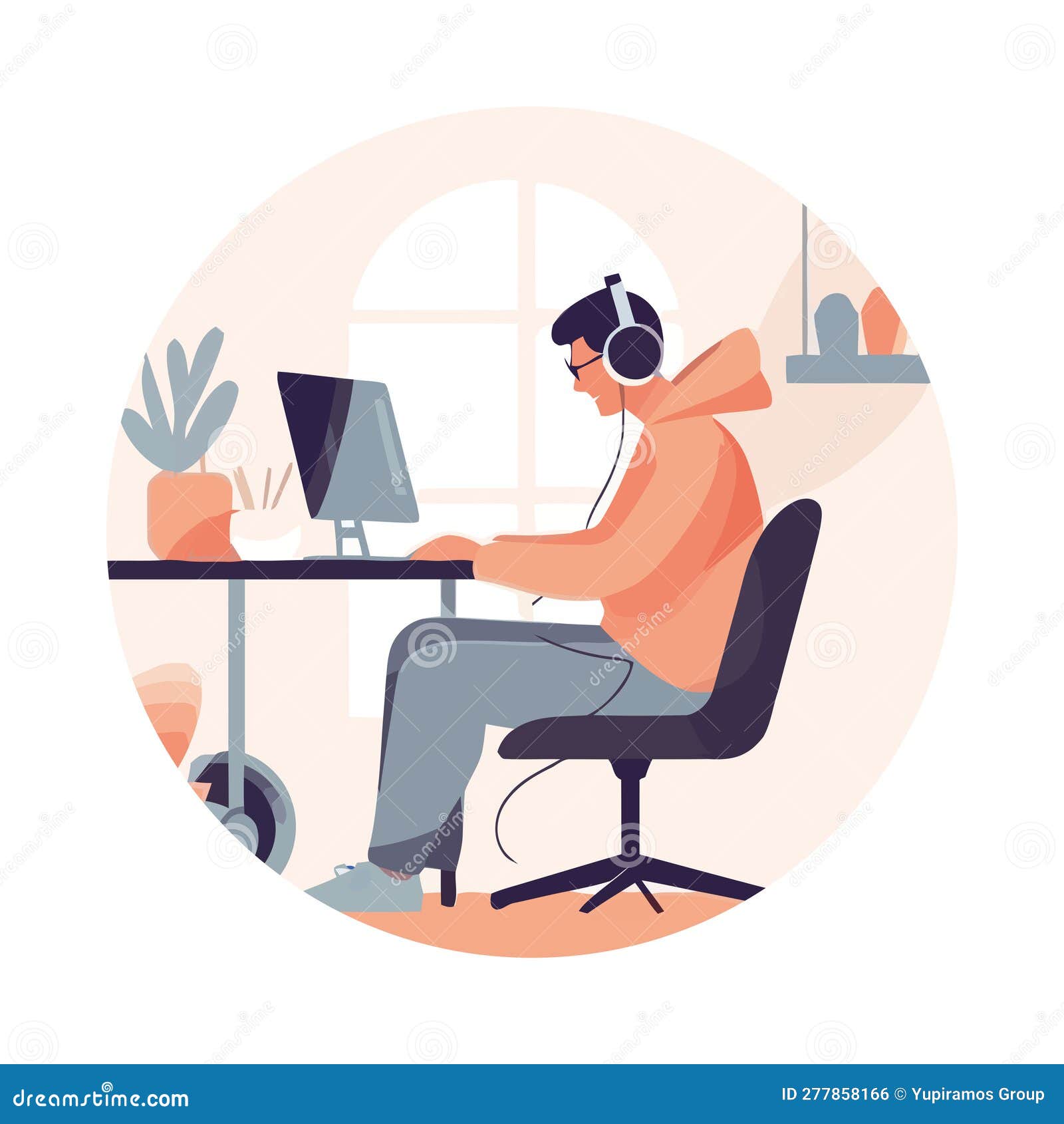 Man Sitting at Desk, Working on Computer Stock Vector - Illustration of ...