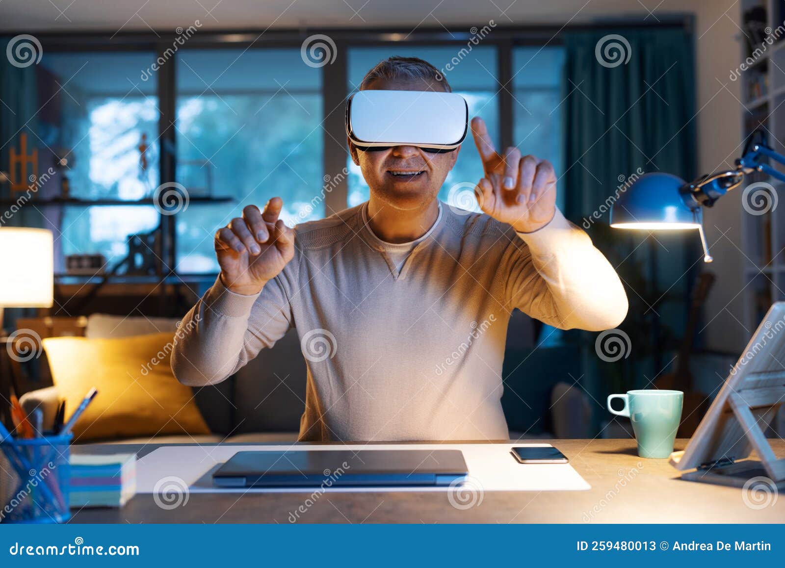 Man Sitting at Desk and Working with VR Stock Image - Image of ...