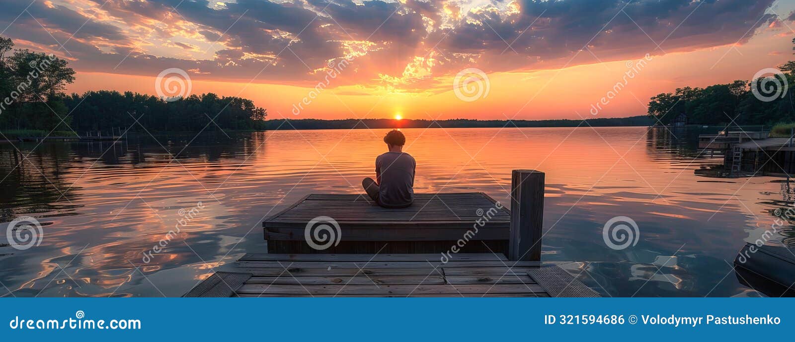 A Man Sitting on a Dock Watching the Sun Set Stock Illustration ...