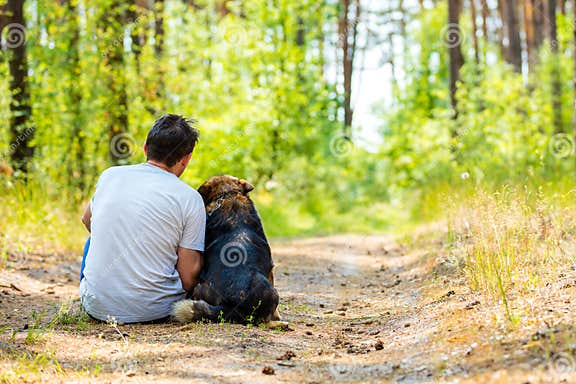 A Man is Sitting with a Dog in the Forest Stock Image - Image of male ...