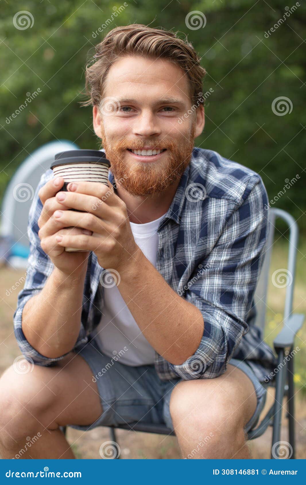Man Sitting Drinking Tea or Coffee on Campsite Stock Image - Image of ...
