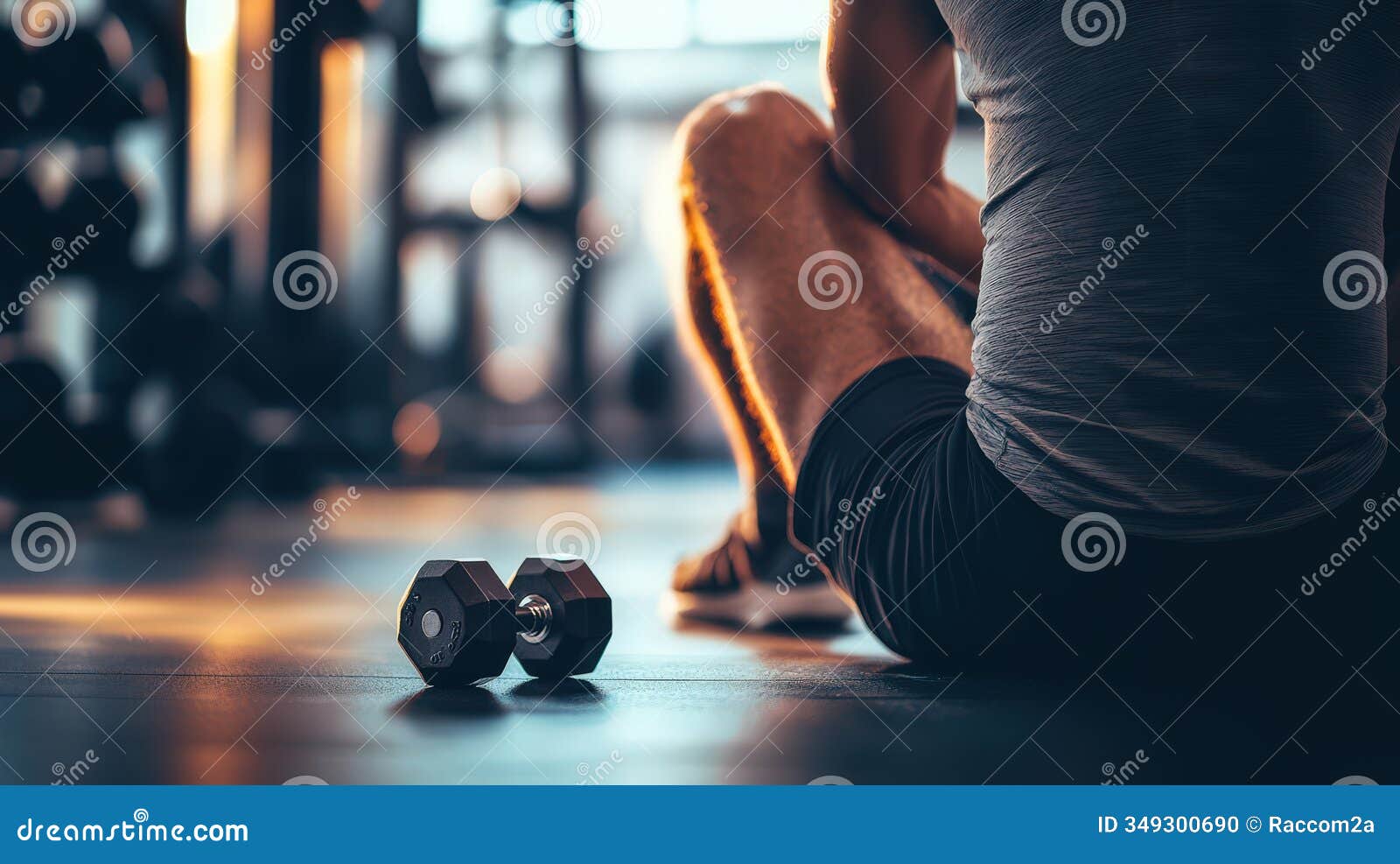 Man Sitting with Dumbbell in a Gym Setting, Contemplating His Next Workout Exercise Routine ...