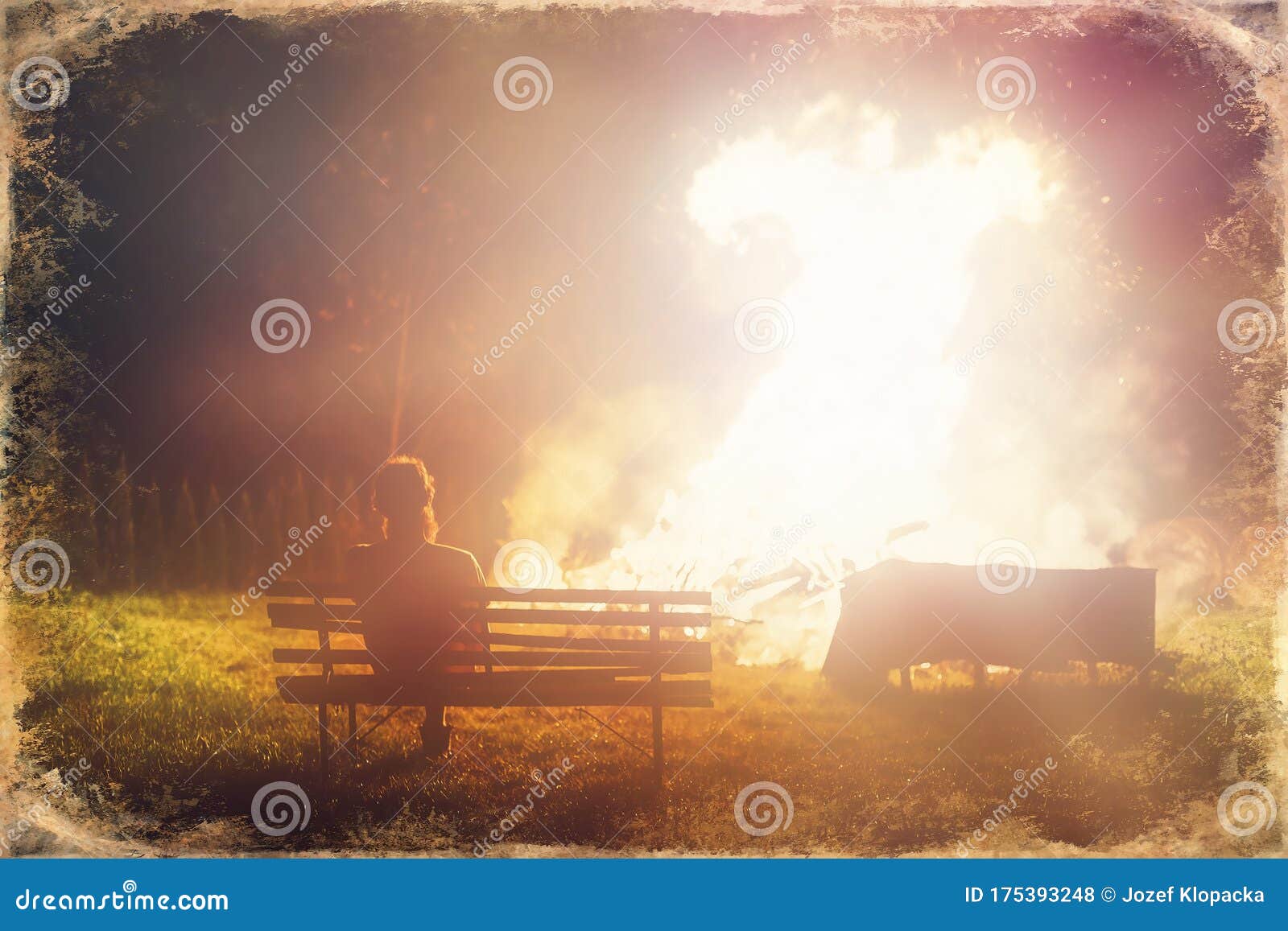 Man Sitting by the Fire and Looking To the Flame, Old Photo Effect ...