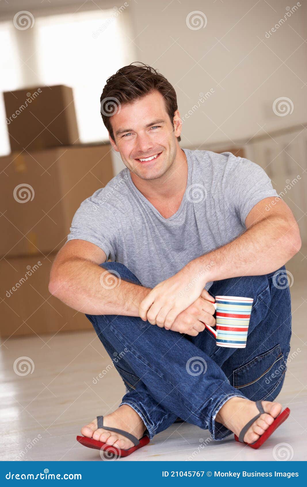 Man Sitting on Floor in New Home Stock Image - Image of flat, removal ...