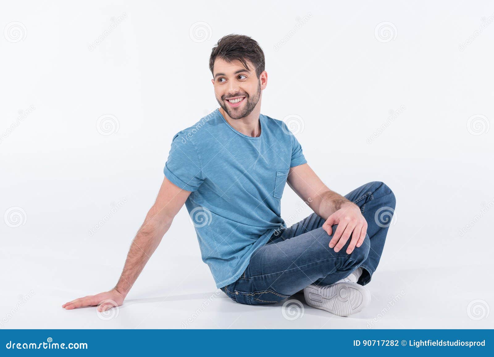 Man Sitting on Floor on White Stock Photo - Image of european, sitting ...