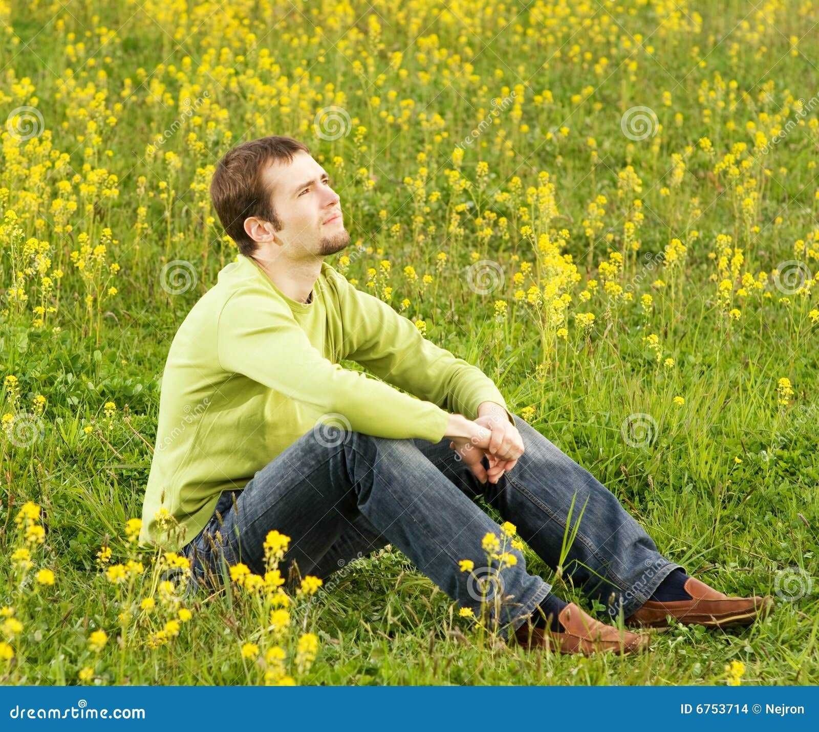 Man Sitting in a Flower Field Stock Photo - Image of beauty ...