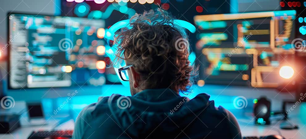 A Man is Sitting in Front of a Computer with a Messy Hairdo and Glasses ...