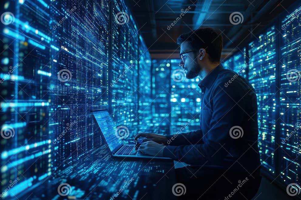 A Man is Sitting in Front of a Computer Screen with a Blue Background ...