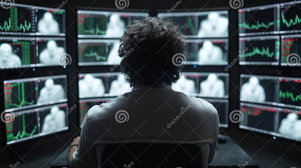 A Man Sitting in Front of a Computer Screen with Multiple Monitors, AI ...