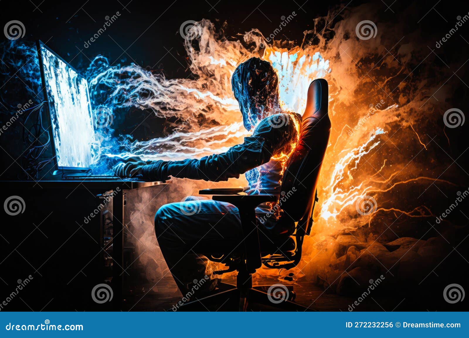 Man Sitting in Front of Computer with Smoke Coming Out of it ...