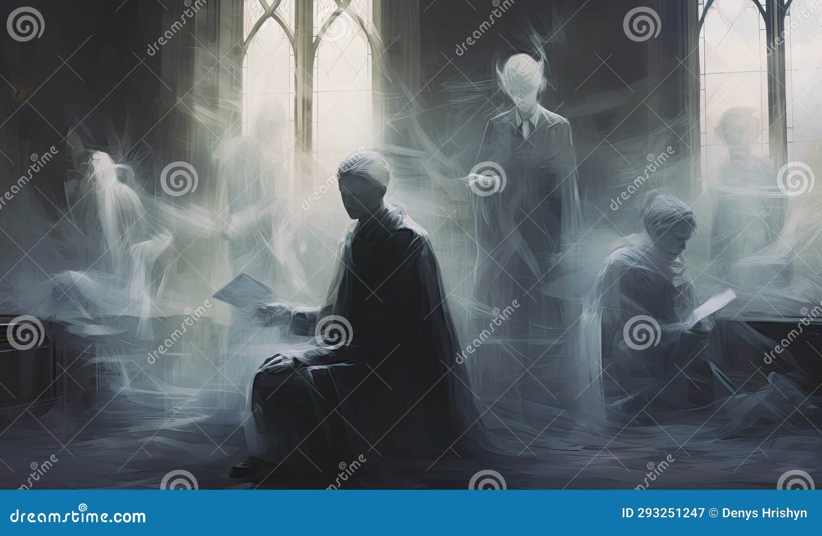 A Man Sitting in Front of a Ghostly Figure in a Haunting Painting Stock ...