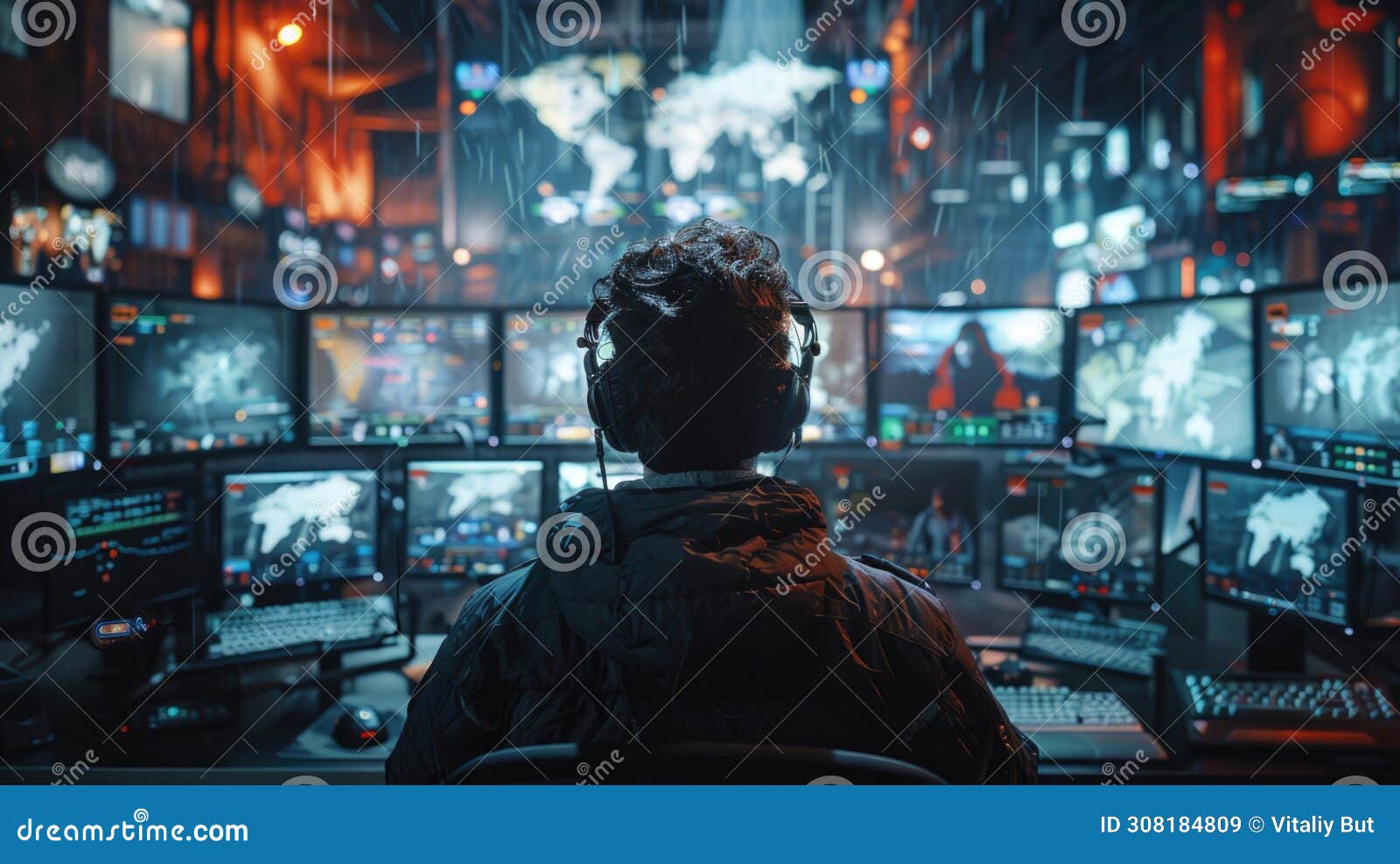 Man Monitoring Multiple Screens in Control Room Stock Image - Image of ...