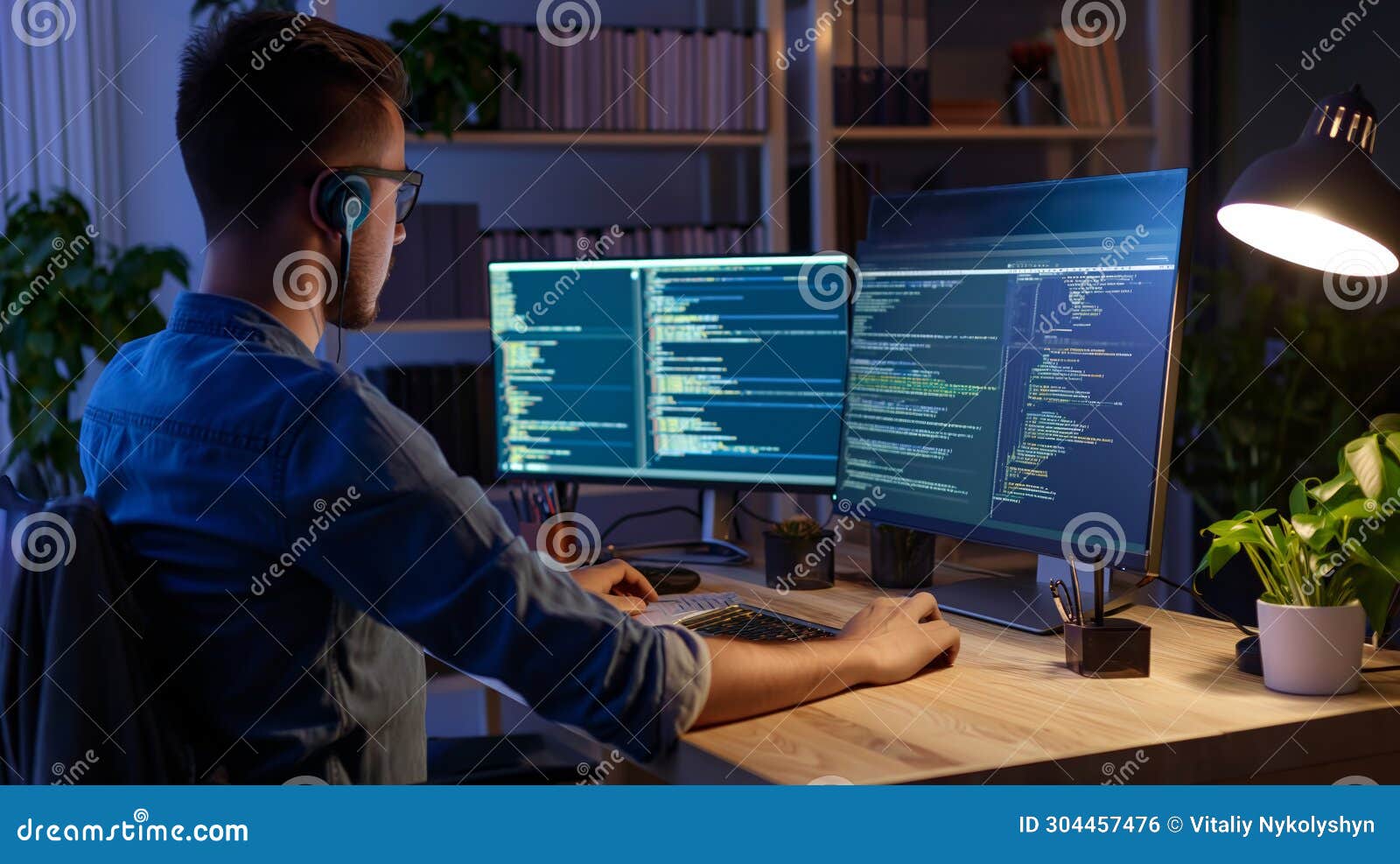Man Sitting in Front of Two Computer Monitors Stock Illustration ...