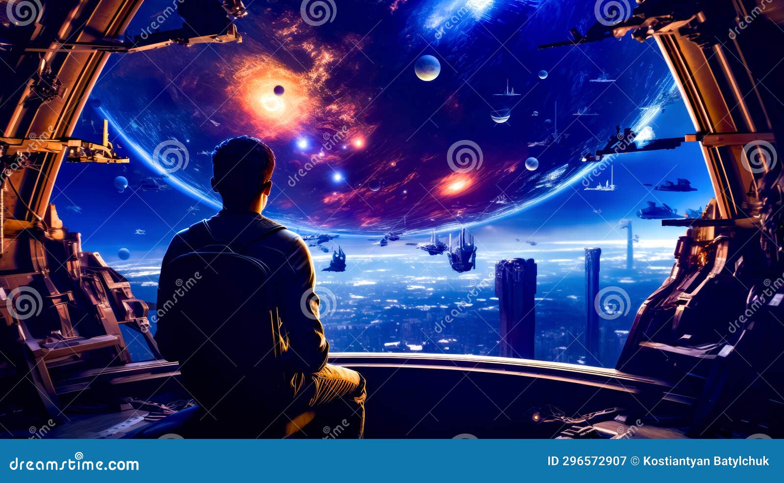 Man Sitting in Front of Window Looking at Space Filled with Planets ...