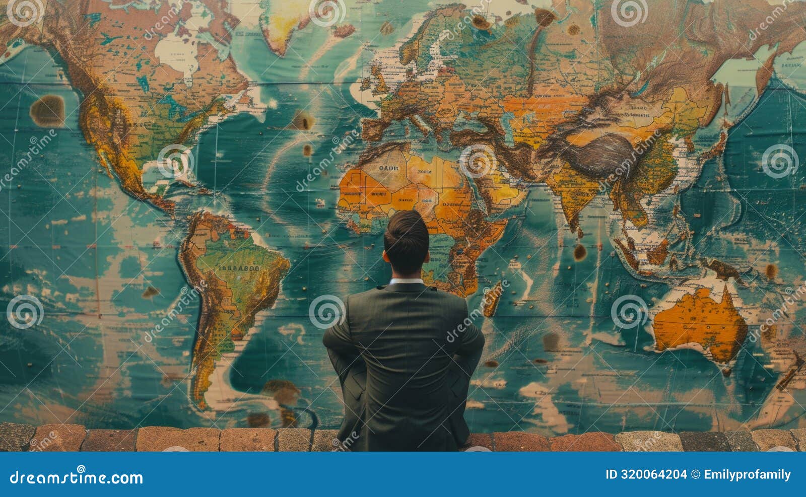 Man Sitting in Front of World Map Stock Illustration - Illustration of ...