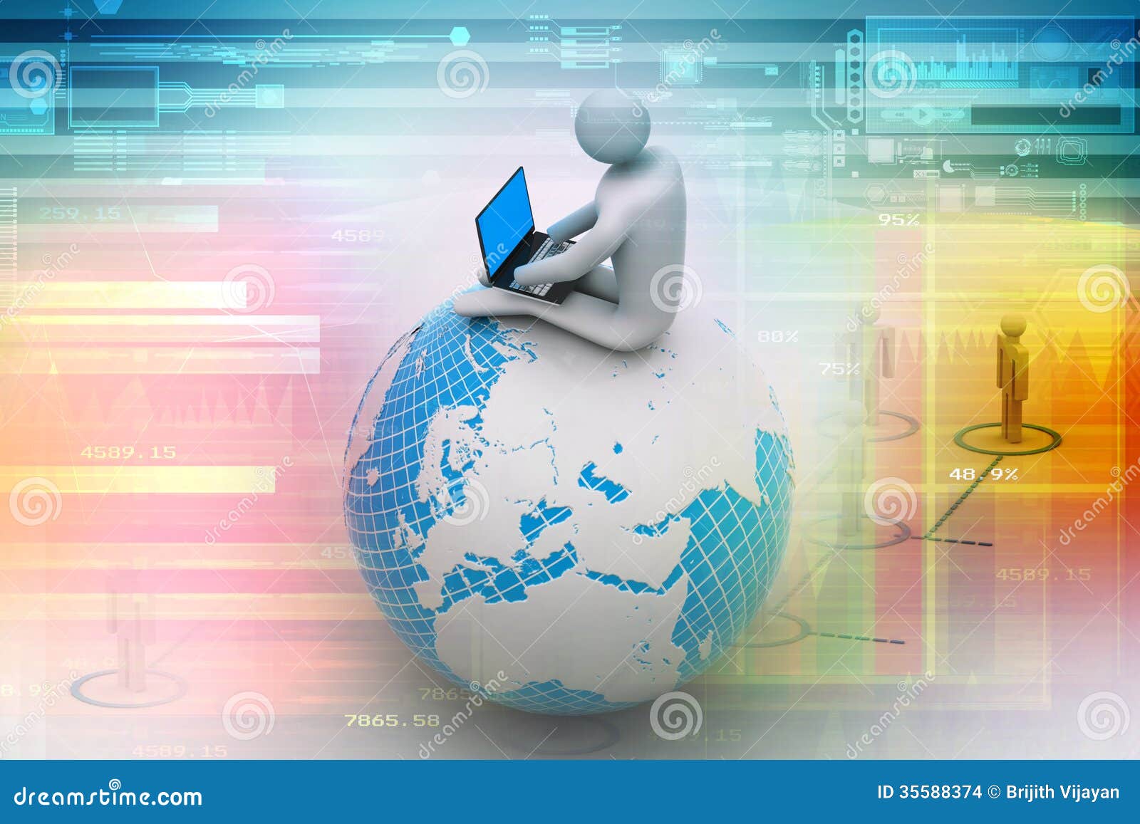 Man Sitting on Globe with the Laptop. on Top of the World. Stock ...