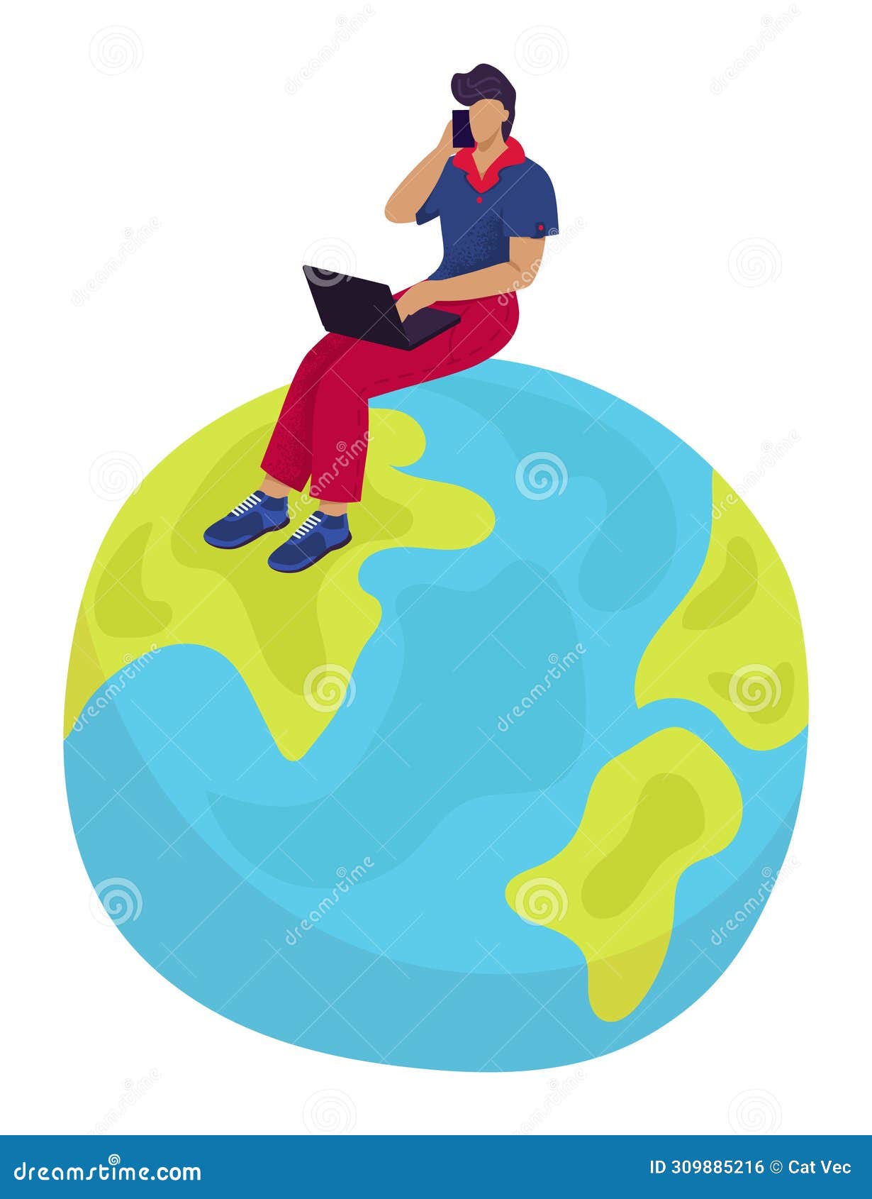 Man Sitting Globe Working Laptop Talking Phone. Remote Worker ... Man Sitting Globe Working Laptop Talking Phone. Remote Worker ...