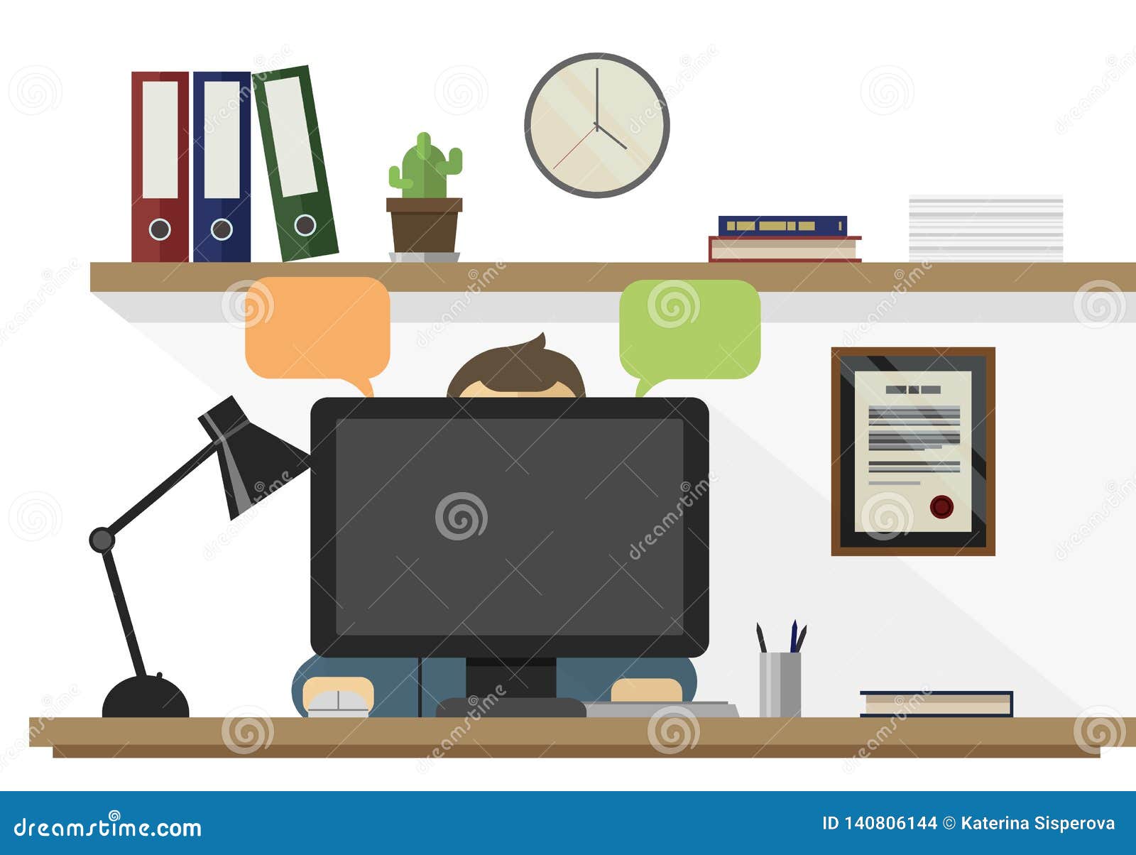 Man Sitting in His Office Working on Computer Flat Design Vector ...