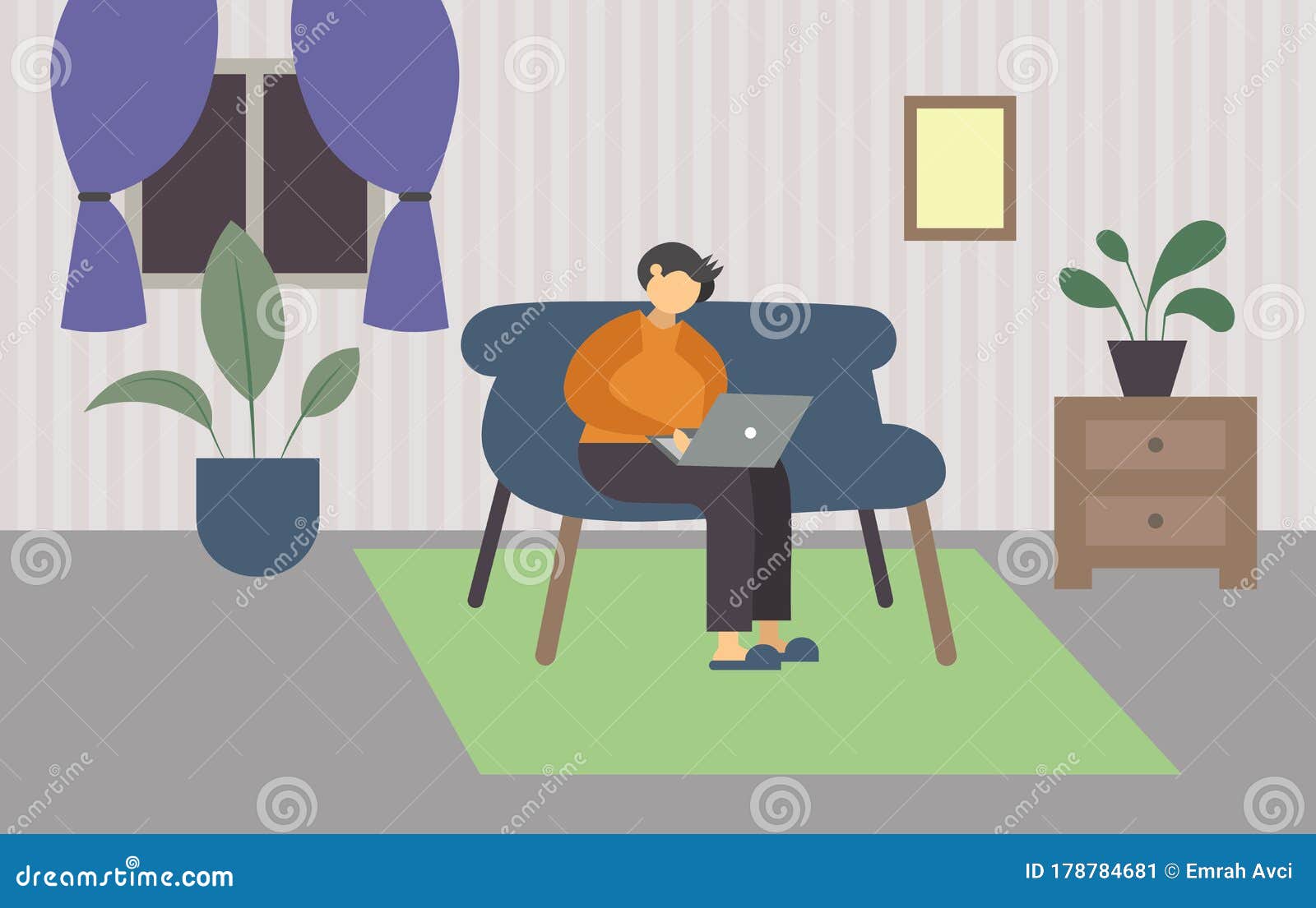 Man is Sitting at Home on the Sofa and Working on the Laptop on His Lap ...