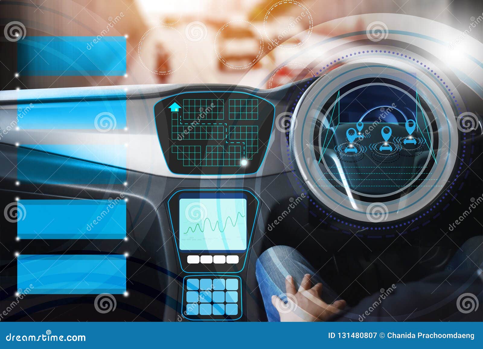 Top View, Display In Interior Of Luxury Car Shows Working Of Four ...