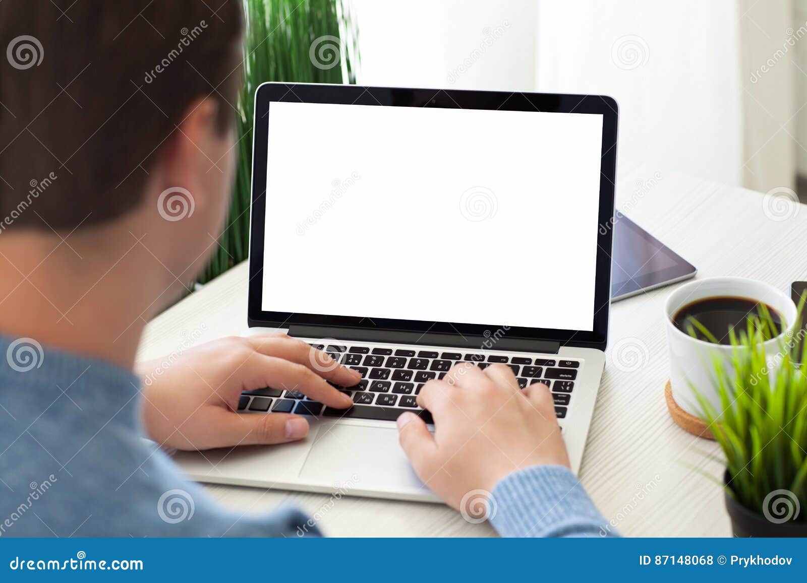 Man Sitting with Laptop Computer Isolated Screen at Desk Room Stock ...