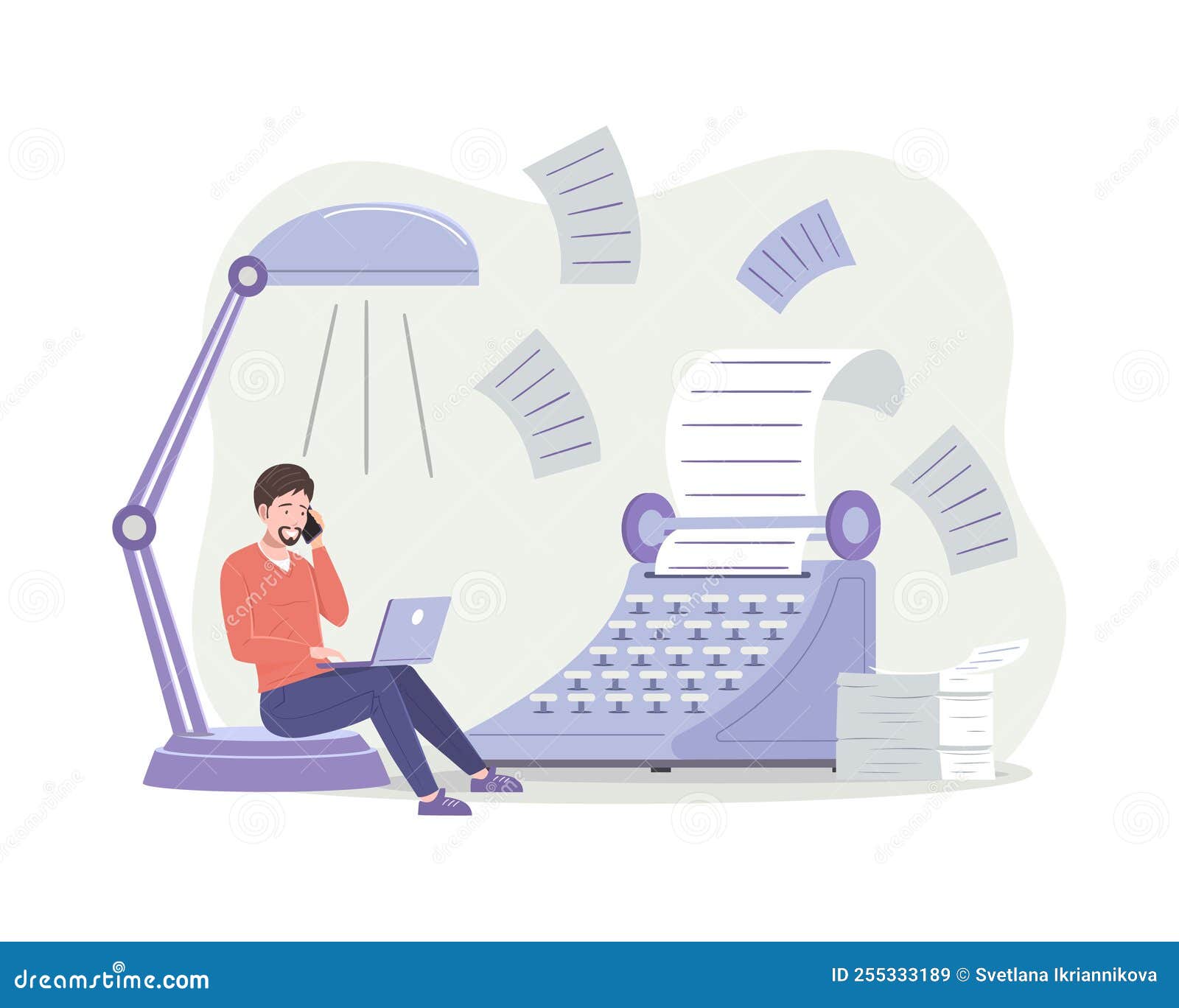 Man Sitting with Laptop Computer Next To Huge Typewriter. Author ...