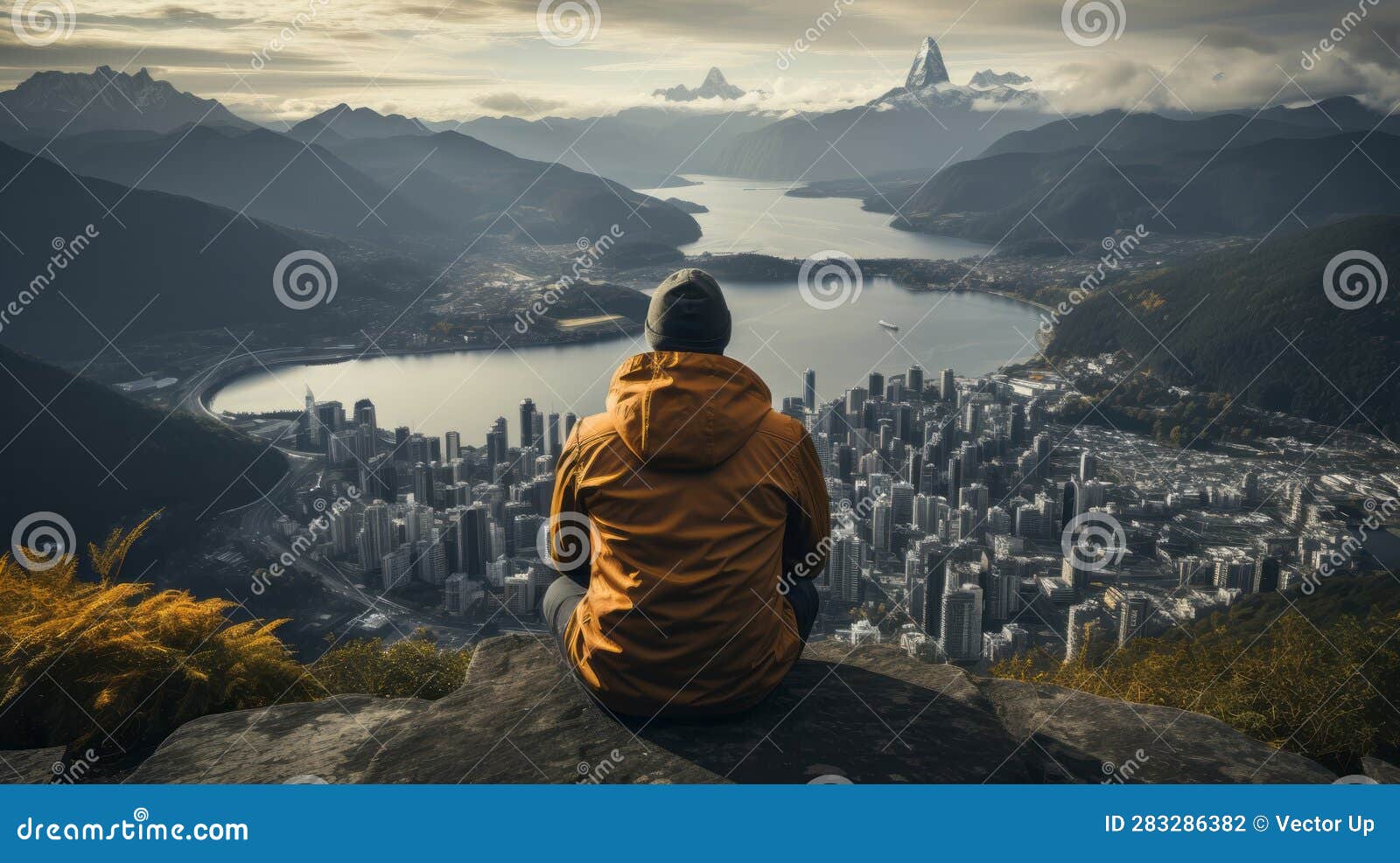 A Man Sitting on a Ledge. Generative AI. Stock Illustration ...