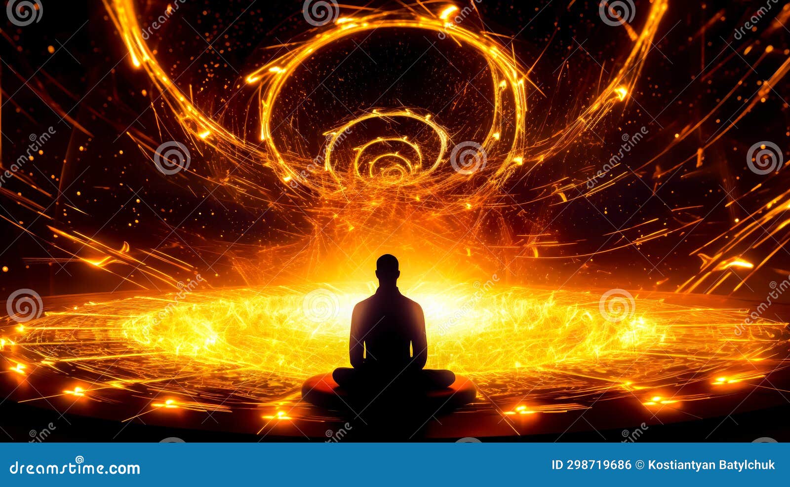 Man Sitting in Meditation Position in Front of Vortex of Light ...
