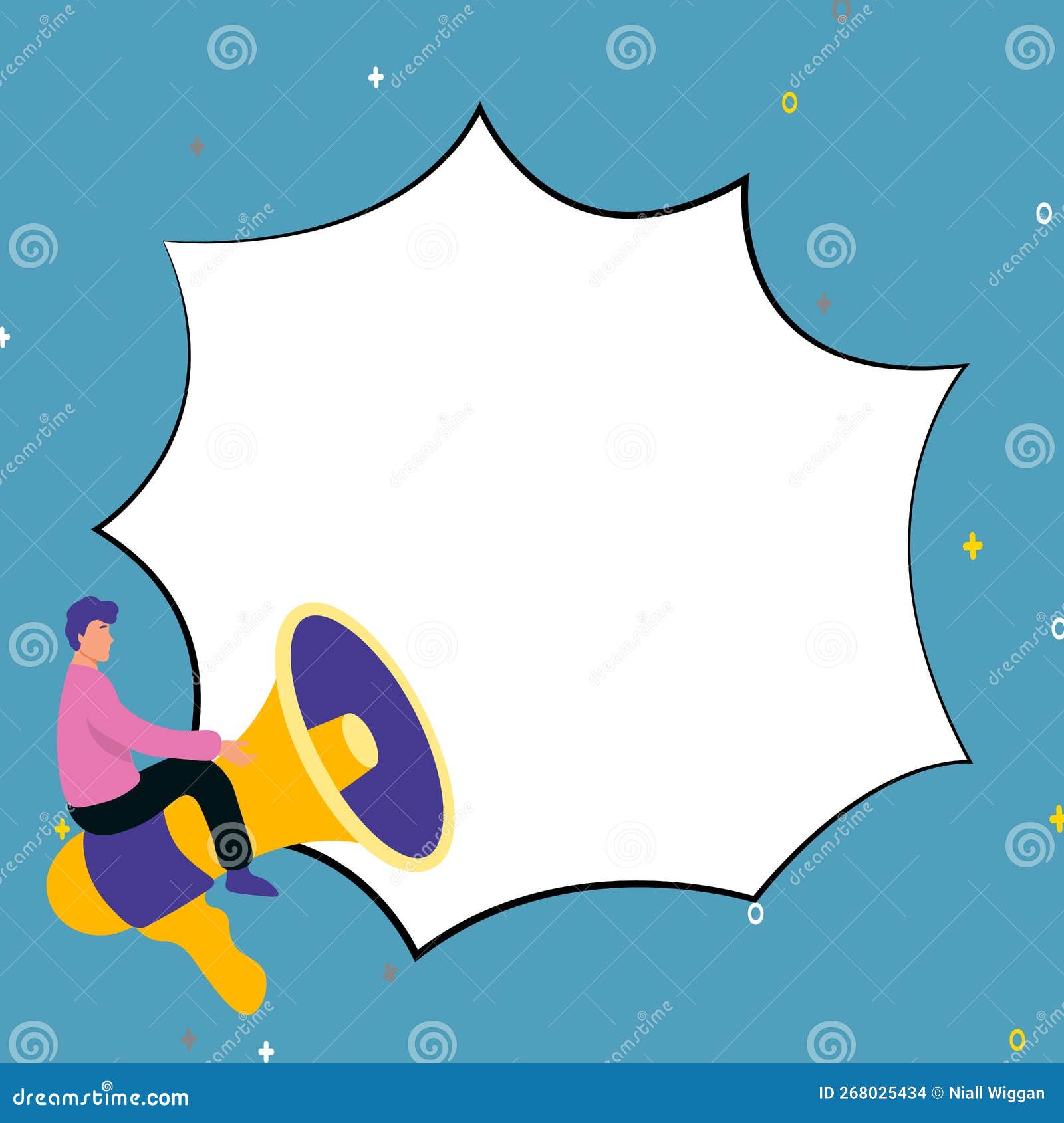 Man Sitting on Megaphone. Big Empty Dialog Bubble for Brand New ...