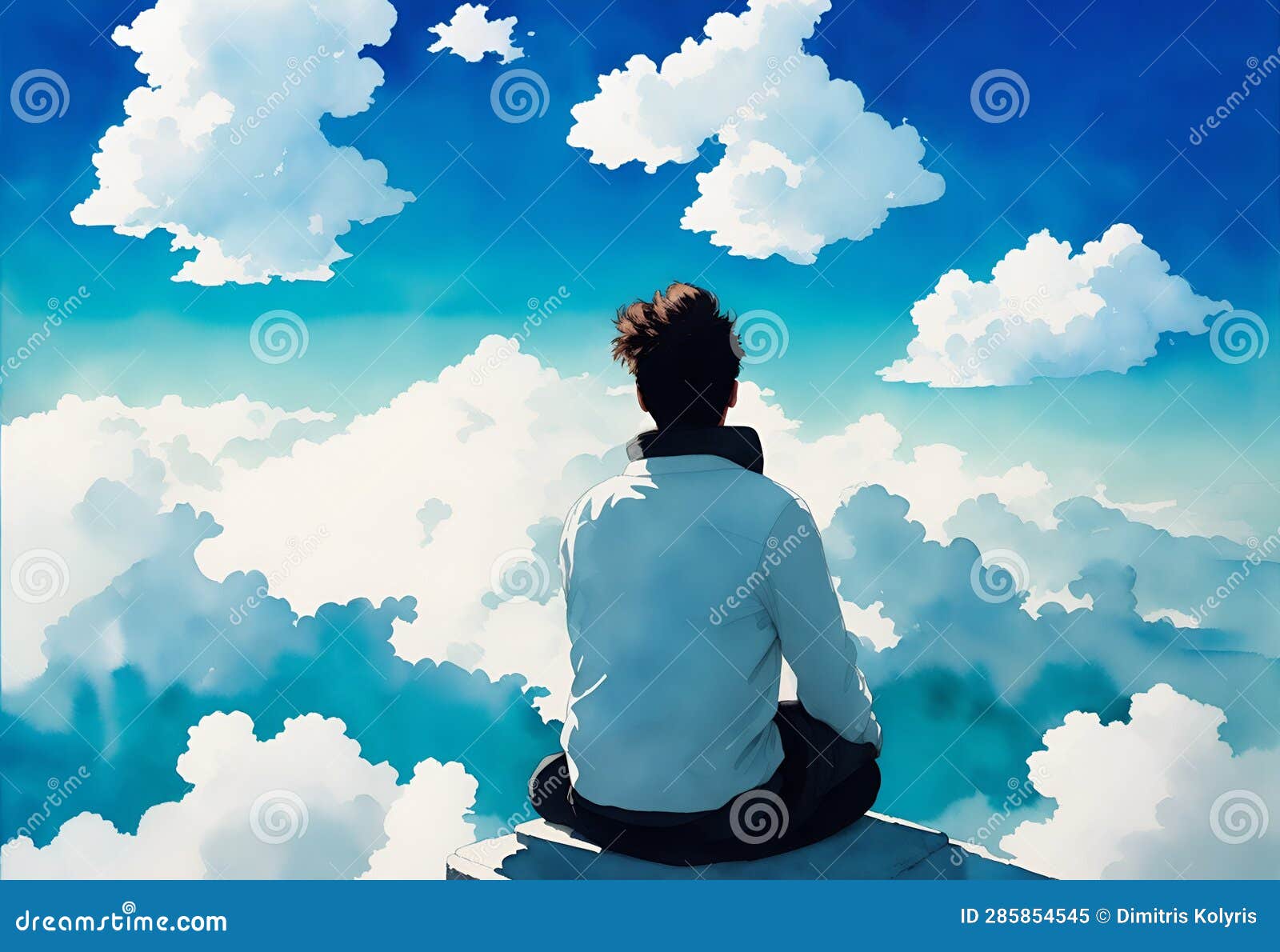 Man Sitting on Mountain Top Looking at Blue Sky and Clouds Generative AI Illustration Stock ...