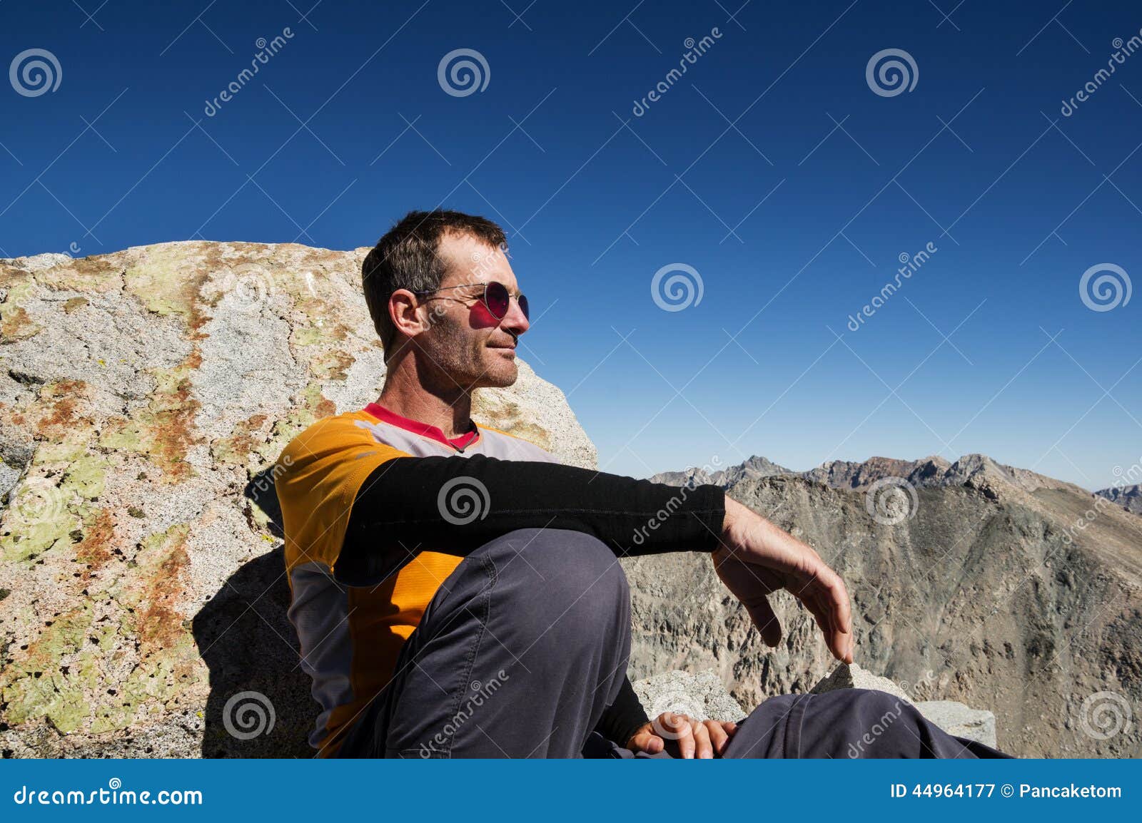 Man Sitting on Mountain Top Stock Image - Image of peak, relaxing: 44964177