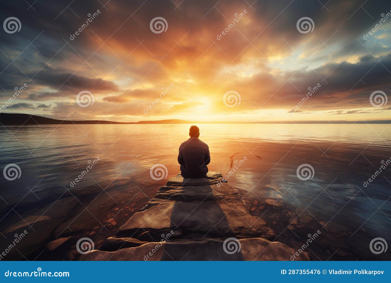 Man Sitting in Nature at Sunset by Lake Stock Photo - Image of hobby ...