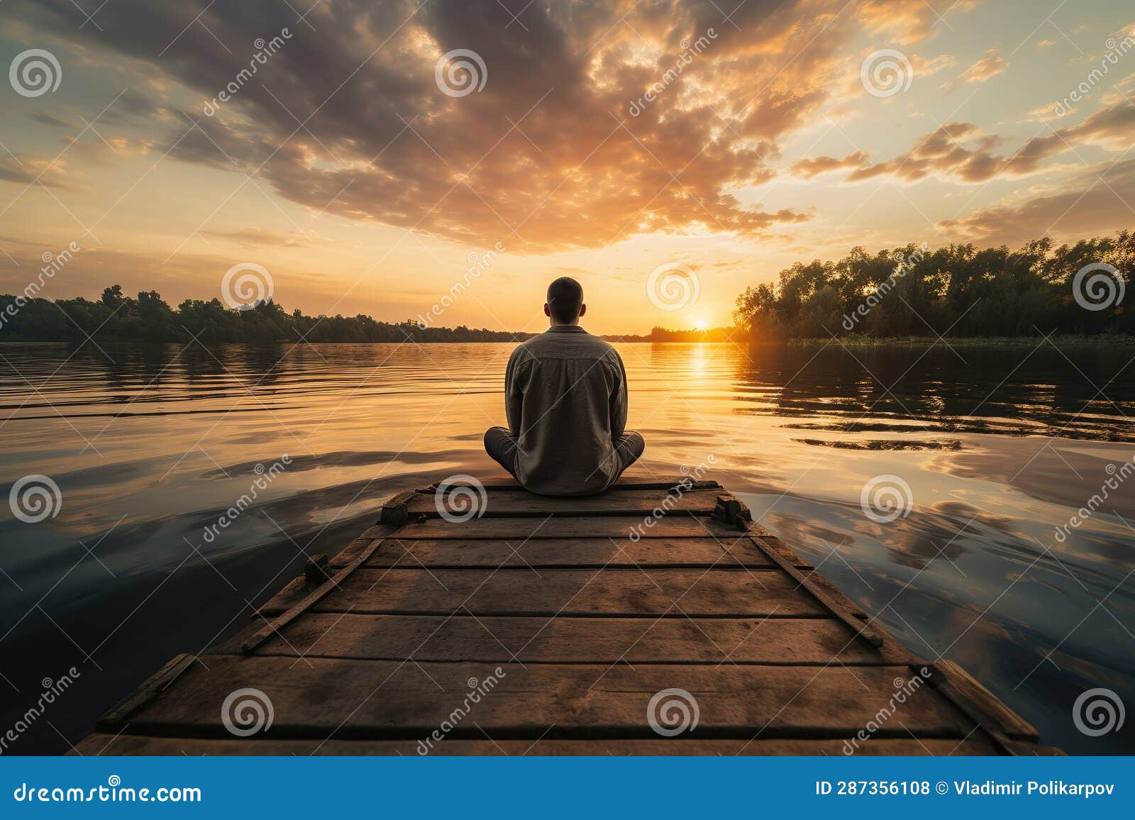 Man Sitting in Nature at Sunset by Lake Stock Photo - Image of empower ...