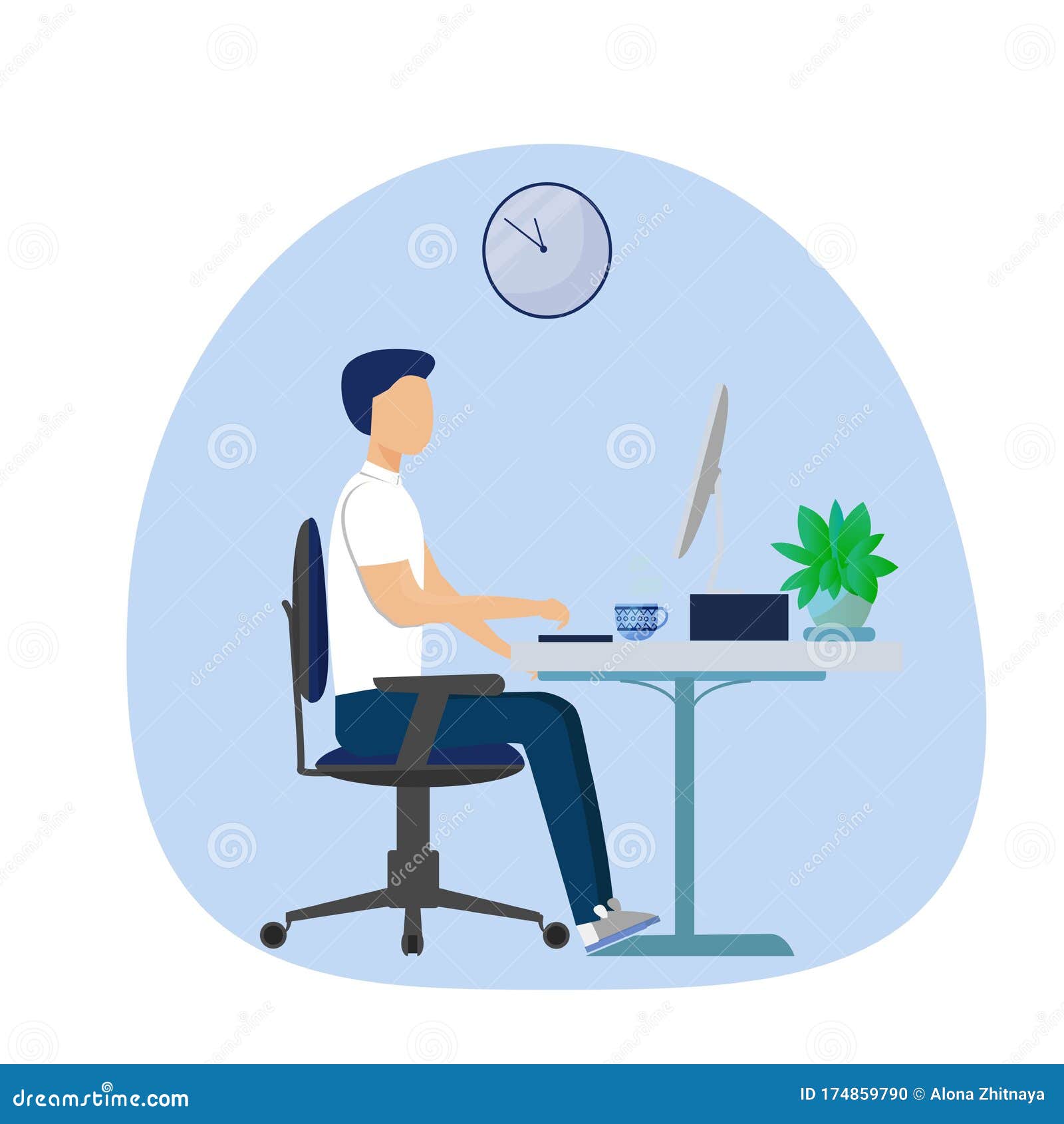 Man Sitting in Ofice Near Computer. Correct Comfortable Position ...
